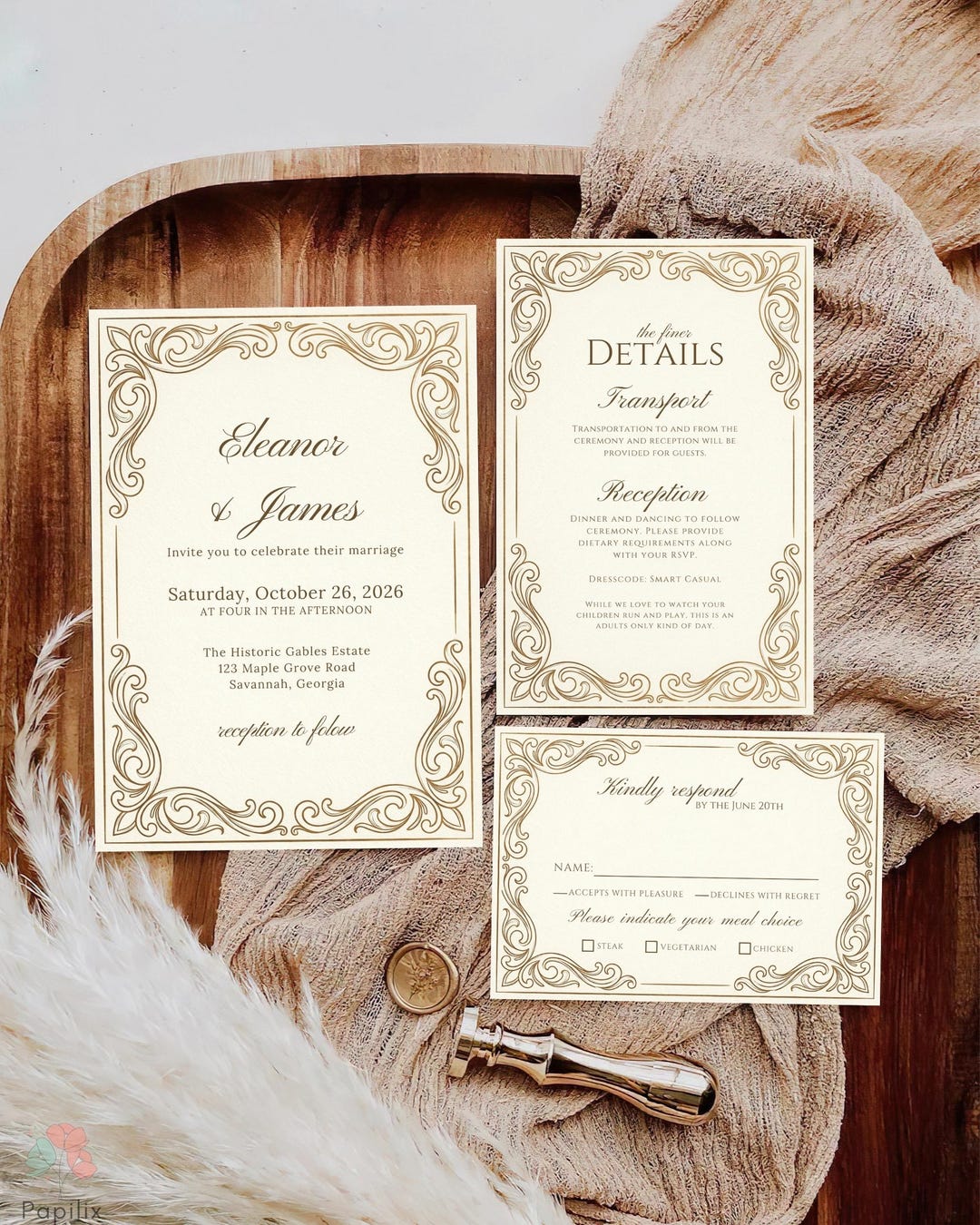 Elegant Gold Swirl Wedding Invitation Template: Classic Ornate RSVP ...