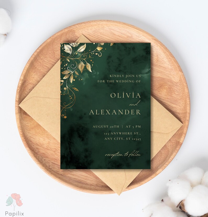Emerald Green Wedding Invitation Set, Gold Floral Invites, Dark Green ...