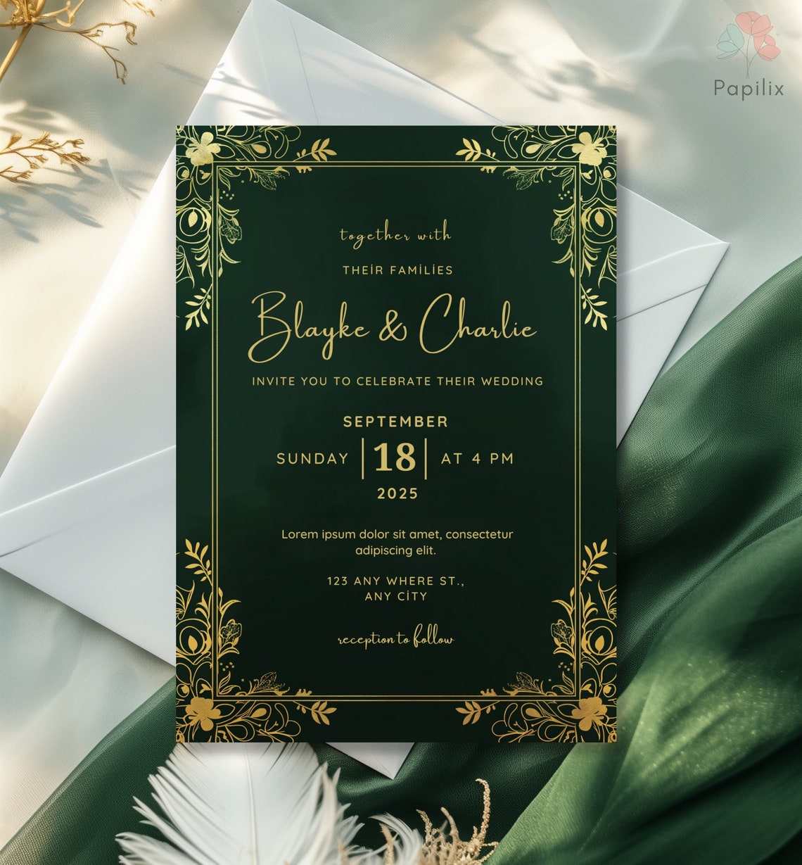 Emerald Green and Gold Wedding Invitation, Elegant Floral Invites ...