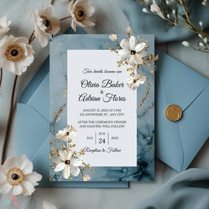 Dusty Blue Floral Wedding Invitation, Gold and White Anemone Invite ...