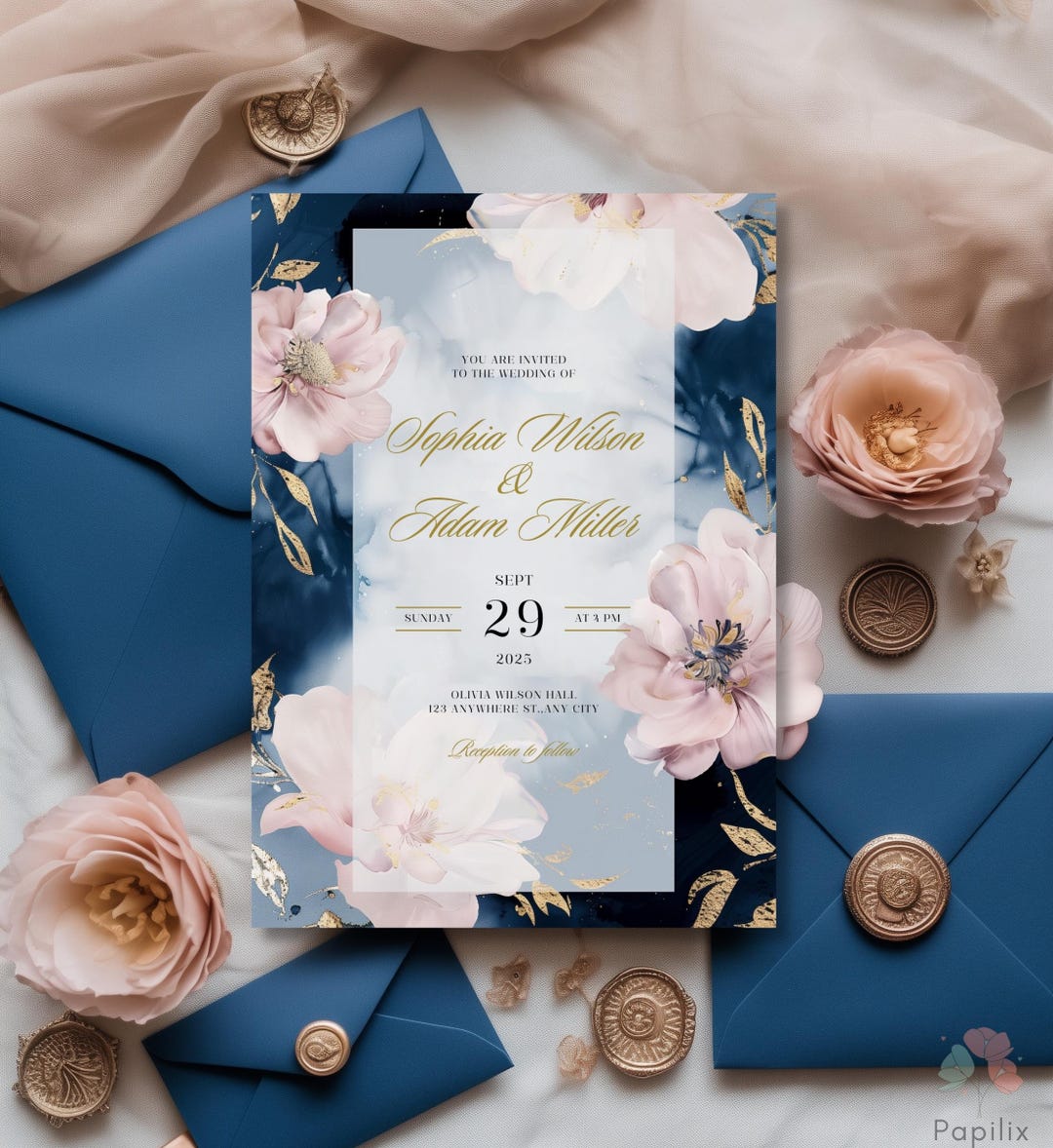 Dusty Blue and Blush Floral Invitation, Pink and Navy Wedding Invite ...