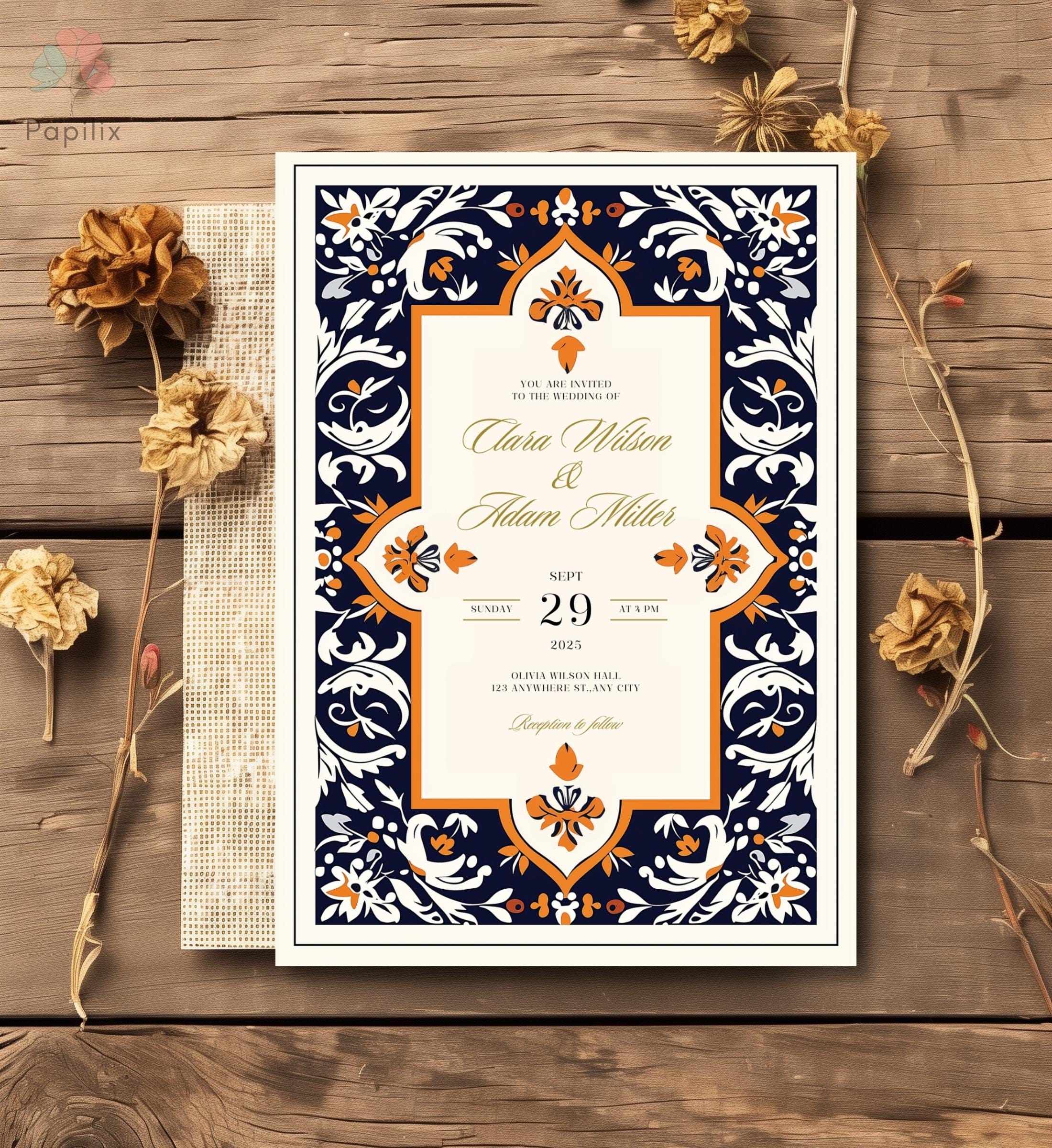 Moroccan Wedding Invitation Template, Navy & Orange Tile Design ...
