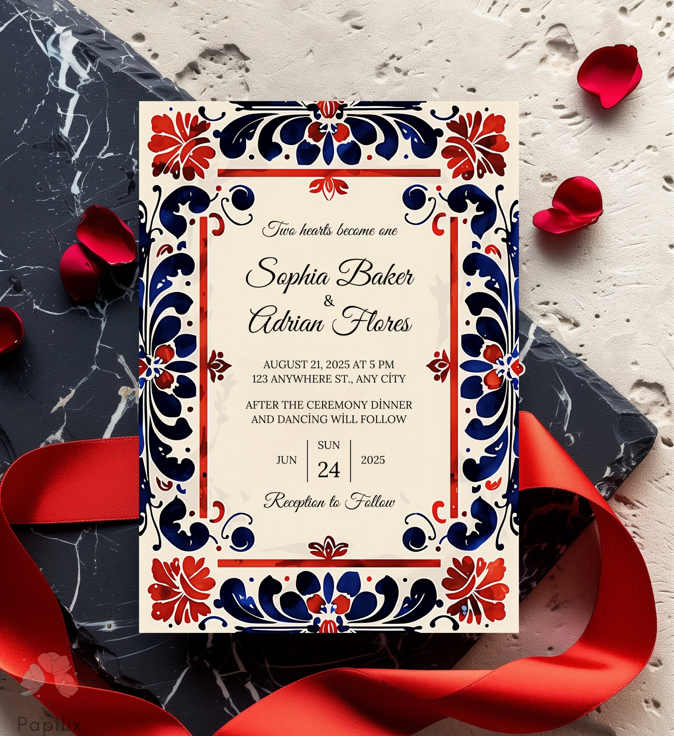 Mexican Wedding Invitation, Talavera Tile Invites, Red and Blue Floral ...