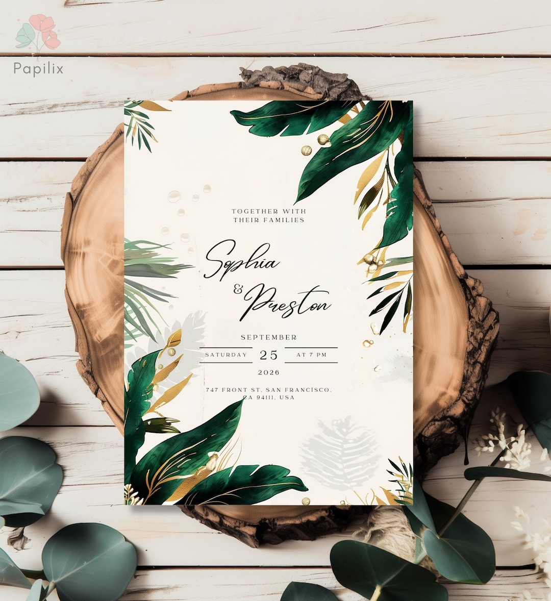 Tropical Leaves Wedding Invitation Template Gold and Green Invite ...