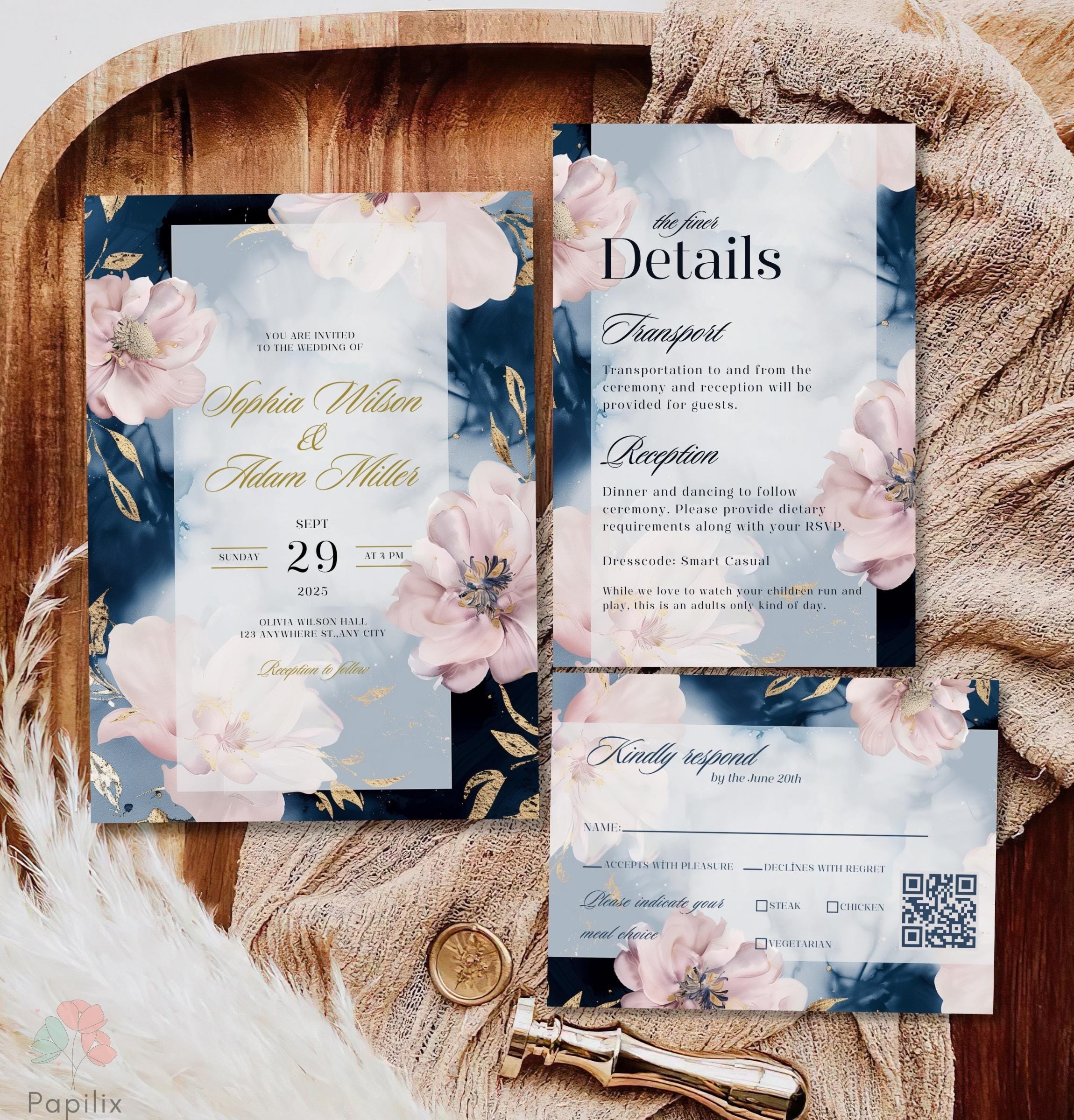 Blush and Navy Floral Wedding Invitation Set Pink & Gold Leaf Elegant ...