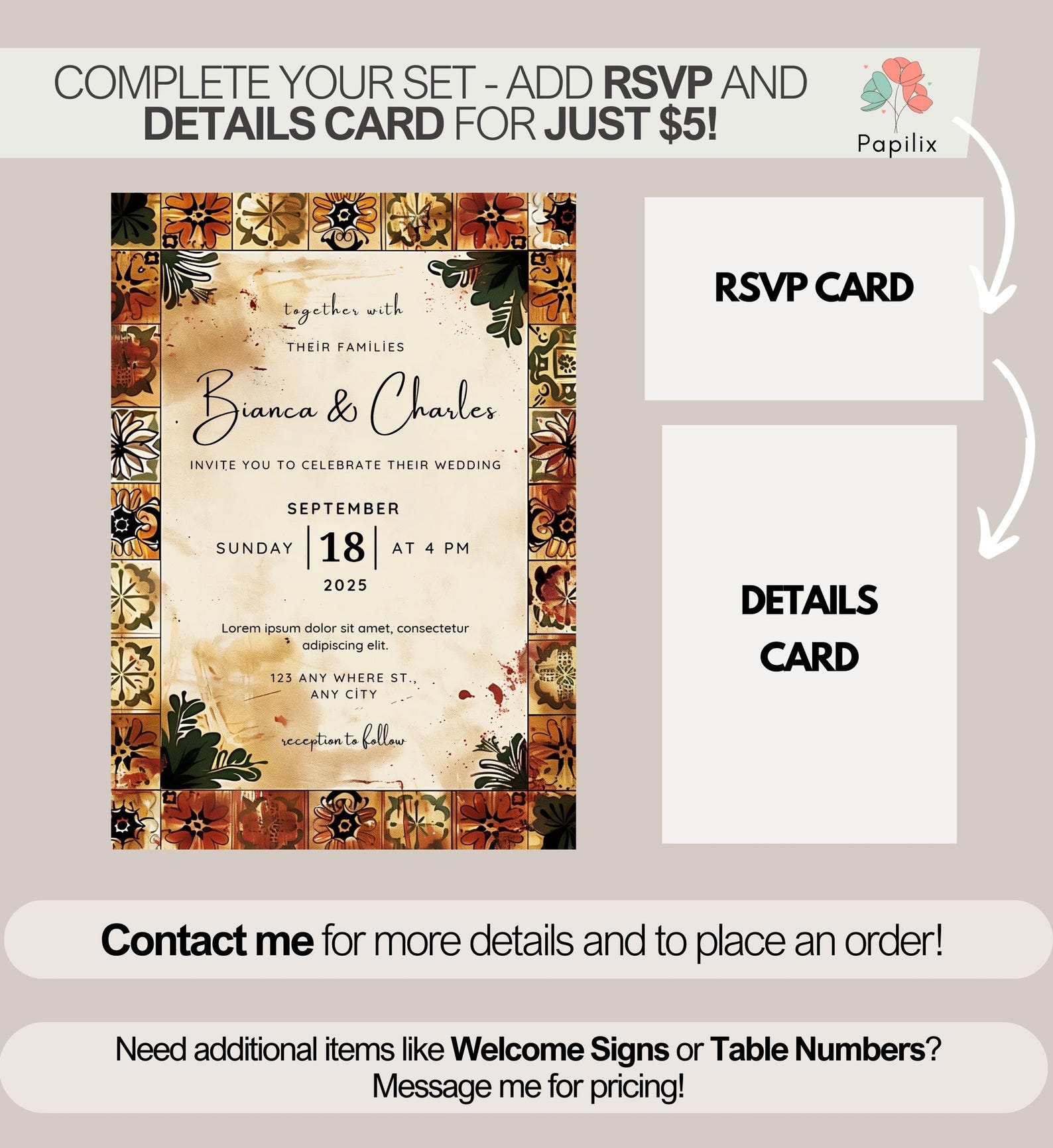 Talavera Tile Border Blank Wedding Invitation, Fiesta Theme Party ...