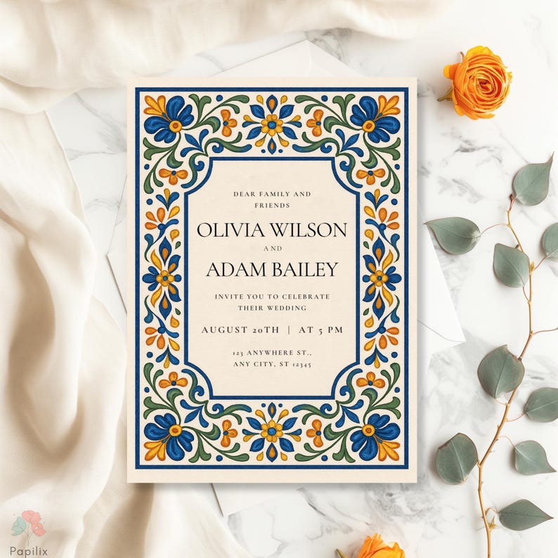 Mexican Wedding Invitation, Talavera Tile Invite, Blue and Yellow ...