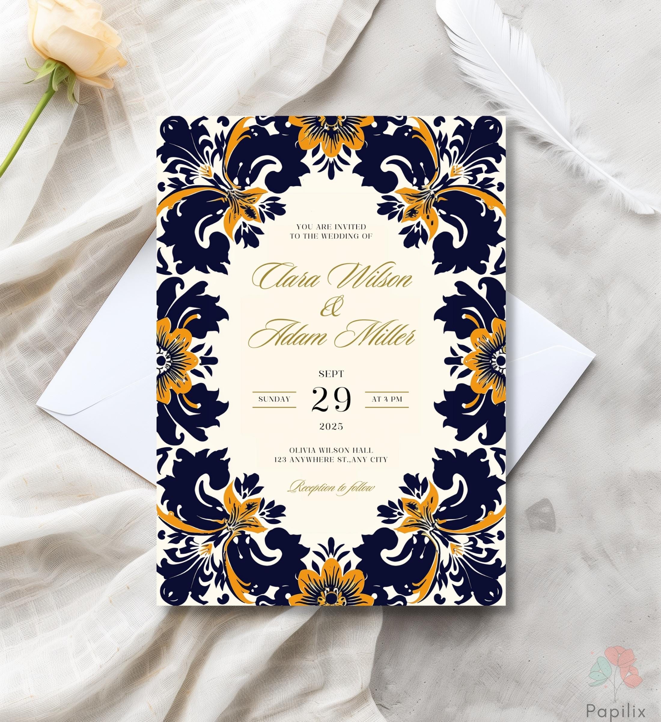 Navy and Orange Floral Invitation Template, Mexican Invitation, Boho ...