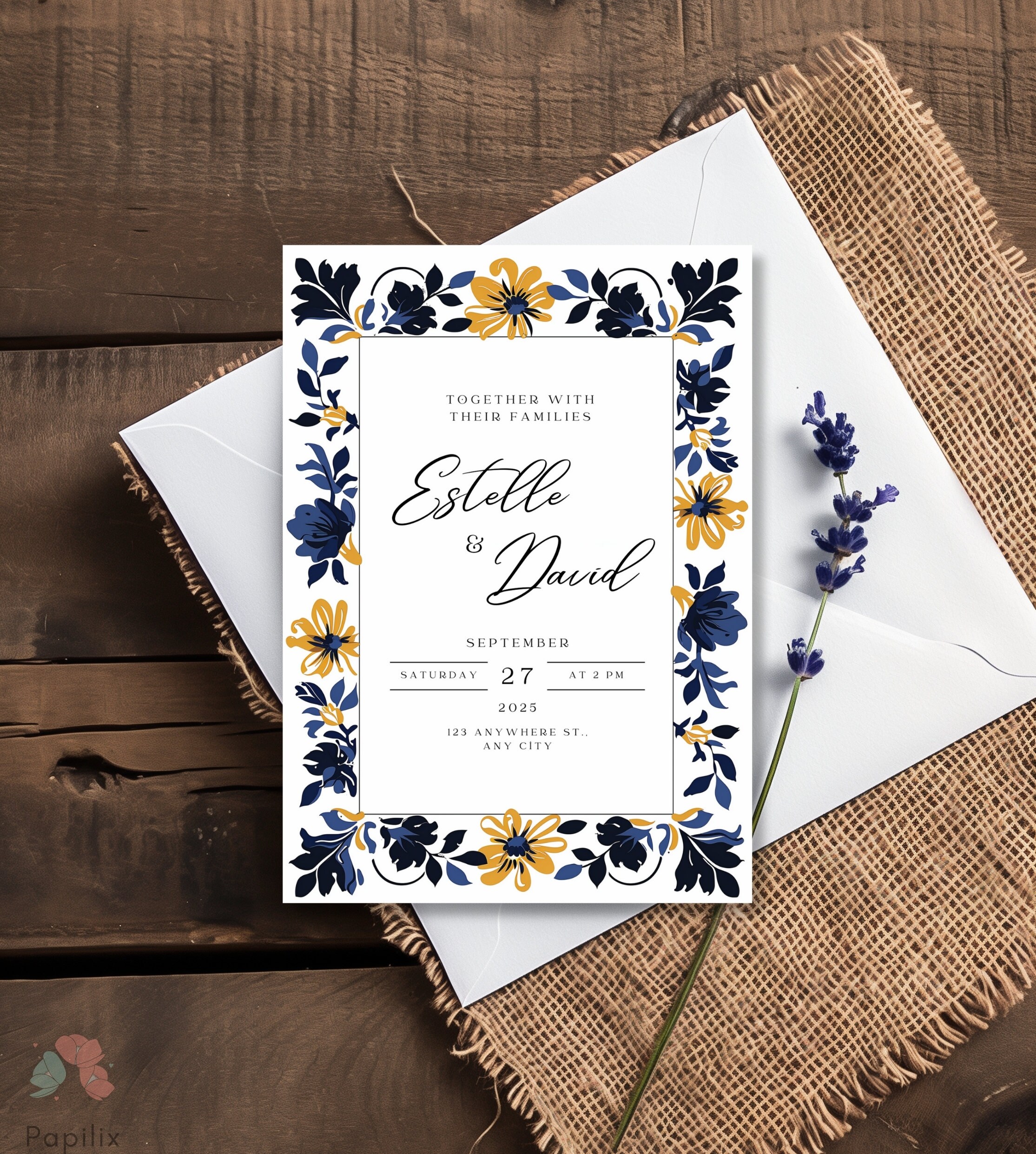 Navy and Gold Floral Wedding Invitation, Elegant Blue and Yellow Invite ...