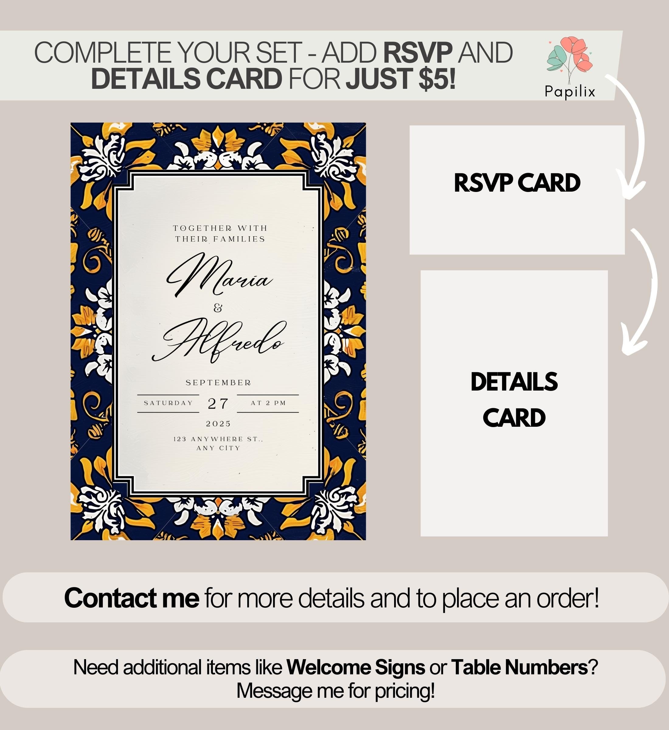 Navy & Gold Wedding Invitation, Talavera Tile Inspired Invite, Mexican ...