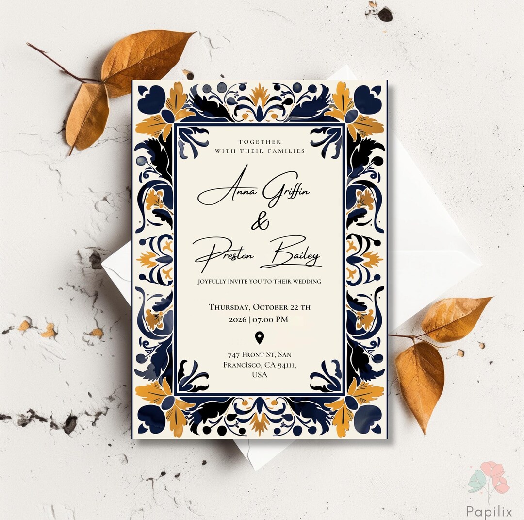 Mexican Wedding Invitation, Talavera Tile Design, Navy and Gold Floral ...
