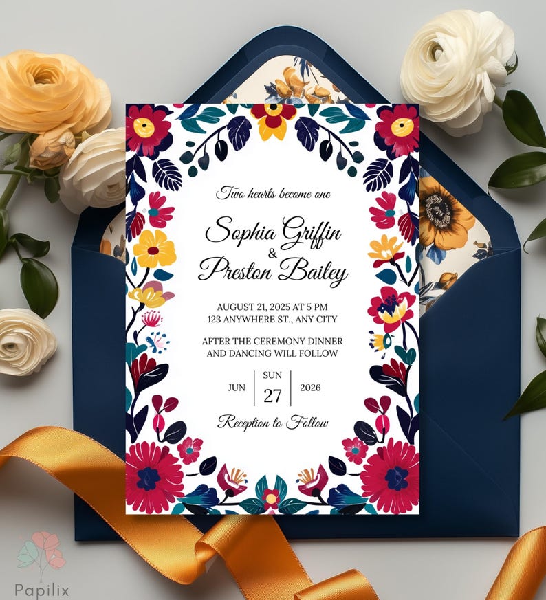 Mexican Wedding Invitation, Fiesta Theme Invite, Talavera Floral Border ...