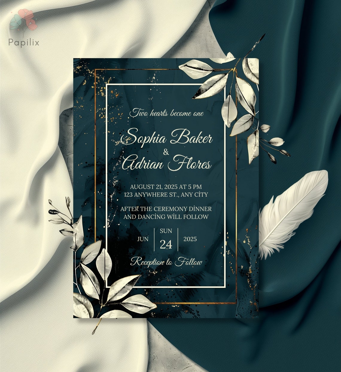 Elegant Teal & Gold Wedding Invitation, Modern Greenery Invite, Sophisticated Floral Invite ...