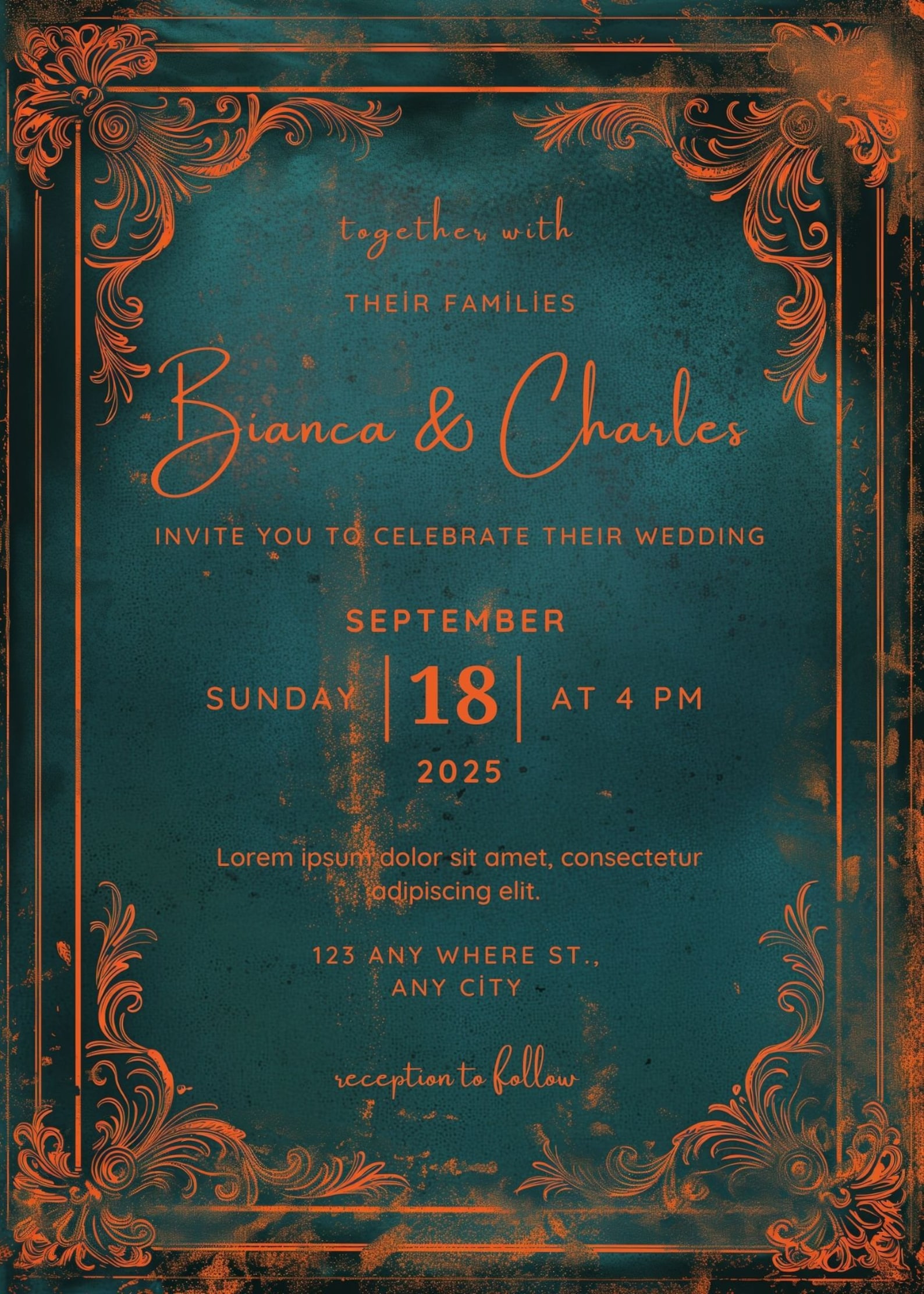 Dark Teal & Burnt Orange Wedding Invitation, Elegant Floral Invites ...
