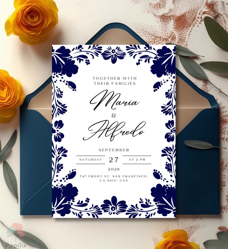 Blue Mexican Wedding Invitation, Talavera Tile Border, Floral Fiesta ...