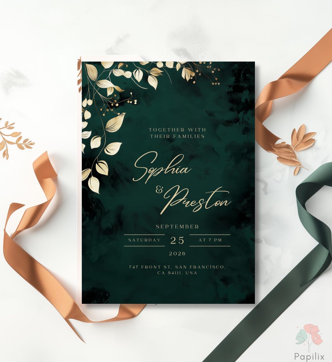 Emerald Green Wedding Invitation Template, Gold Floral Accent Invite ...