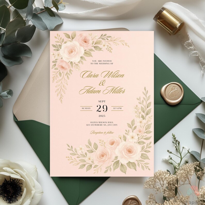 Blush Pink Floral Wedding Invitation Templates, Soft Rose Garden Invite ...