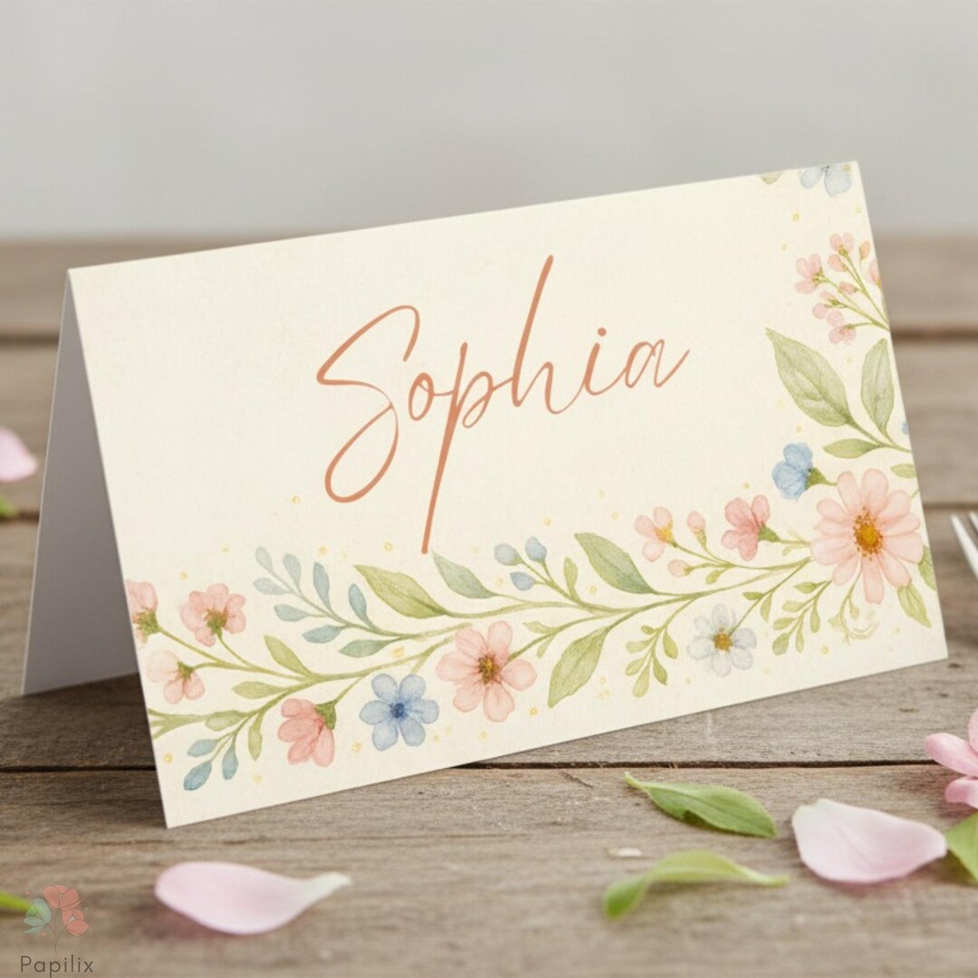 Foldable Wildflower Place Card, Blush Pink & Blue Flower Name Card ...