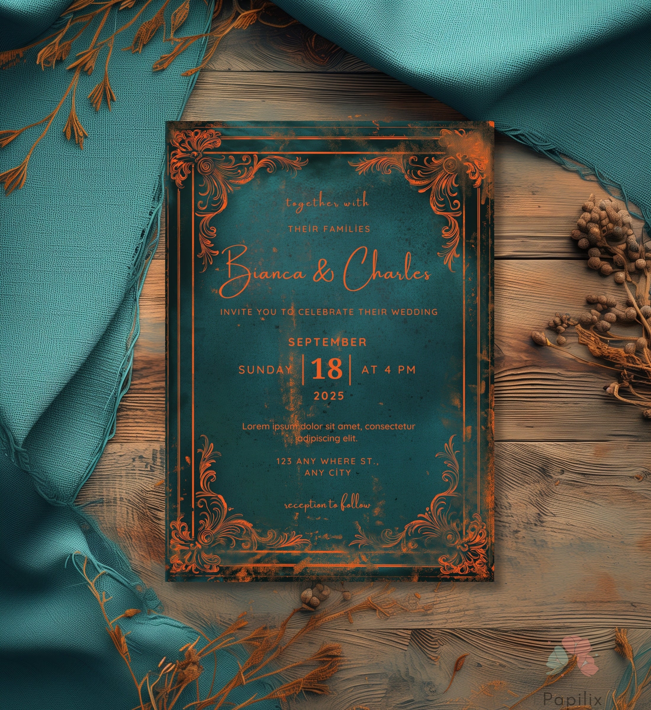 Dark Teal & Burnt Orange Wedding Invitation, Elegant Floral Invites ...