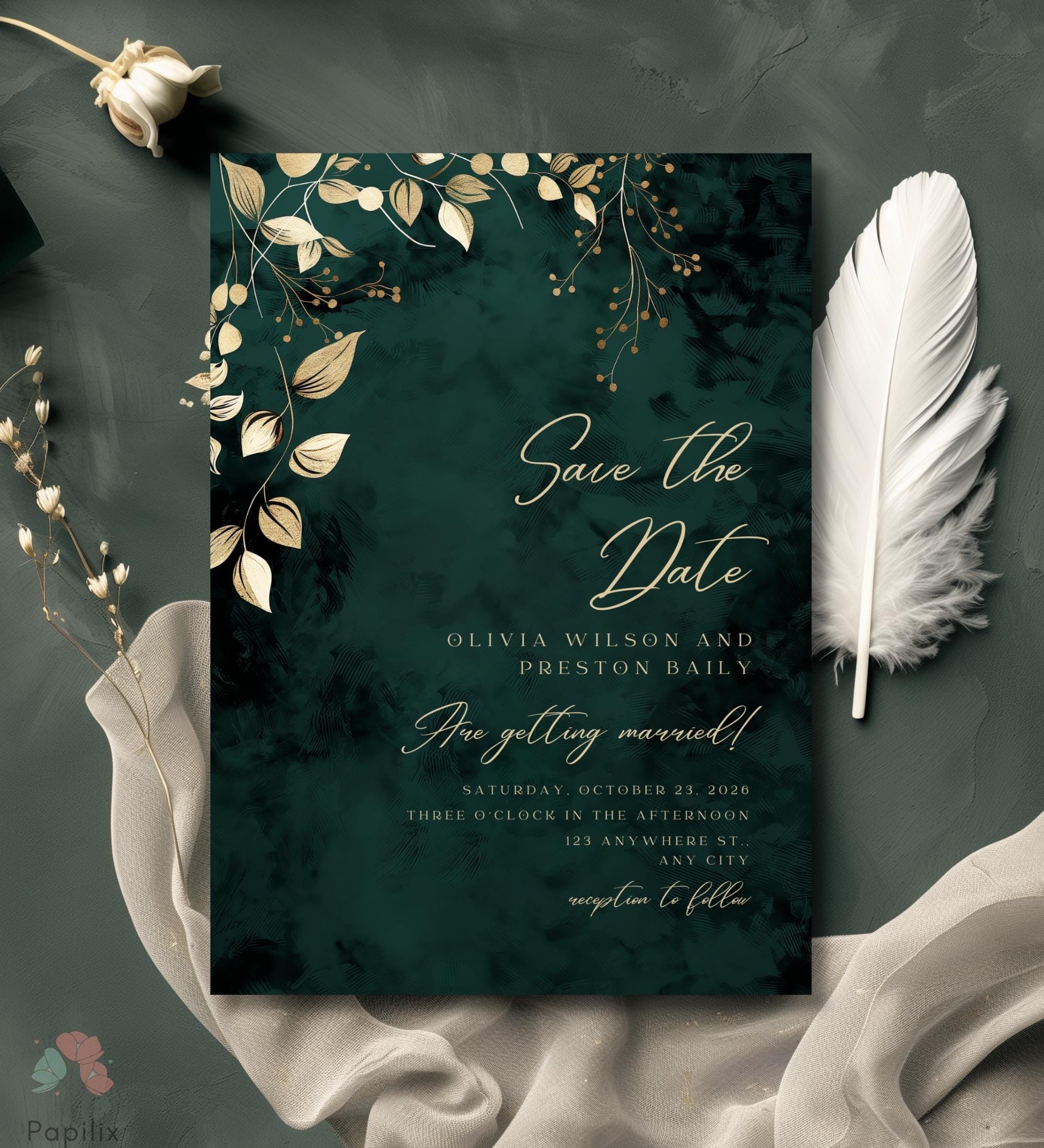 Emerald Green & Gold Save the Date, Gold Foil Leaves Save the Date ...