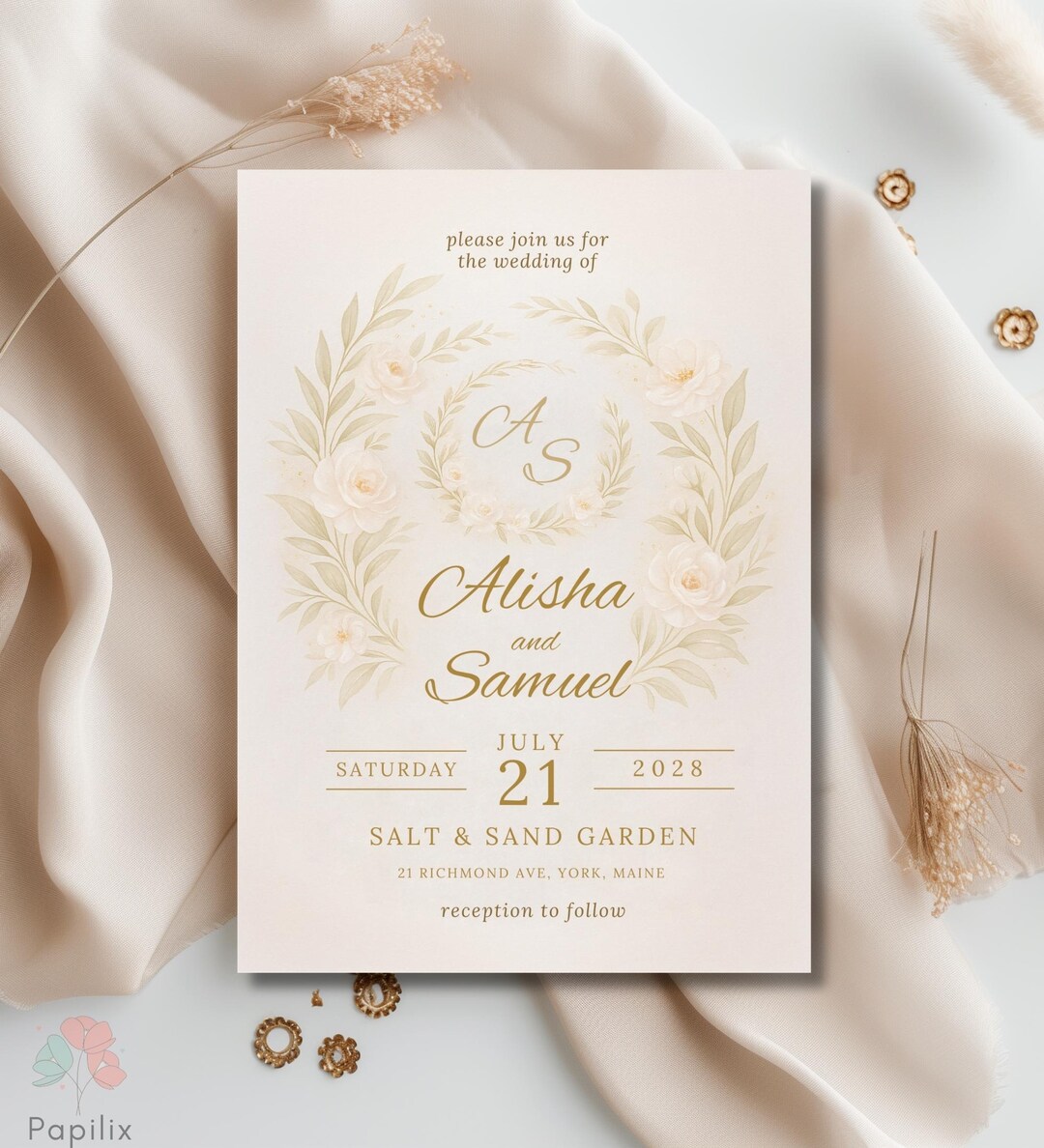 Bohemian Floral Wedding Invitation Template, Boho Wedding Invite, Beige ...