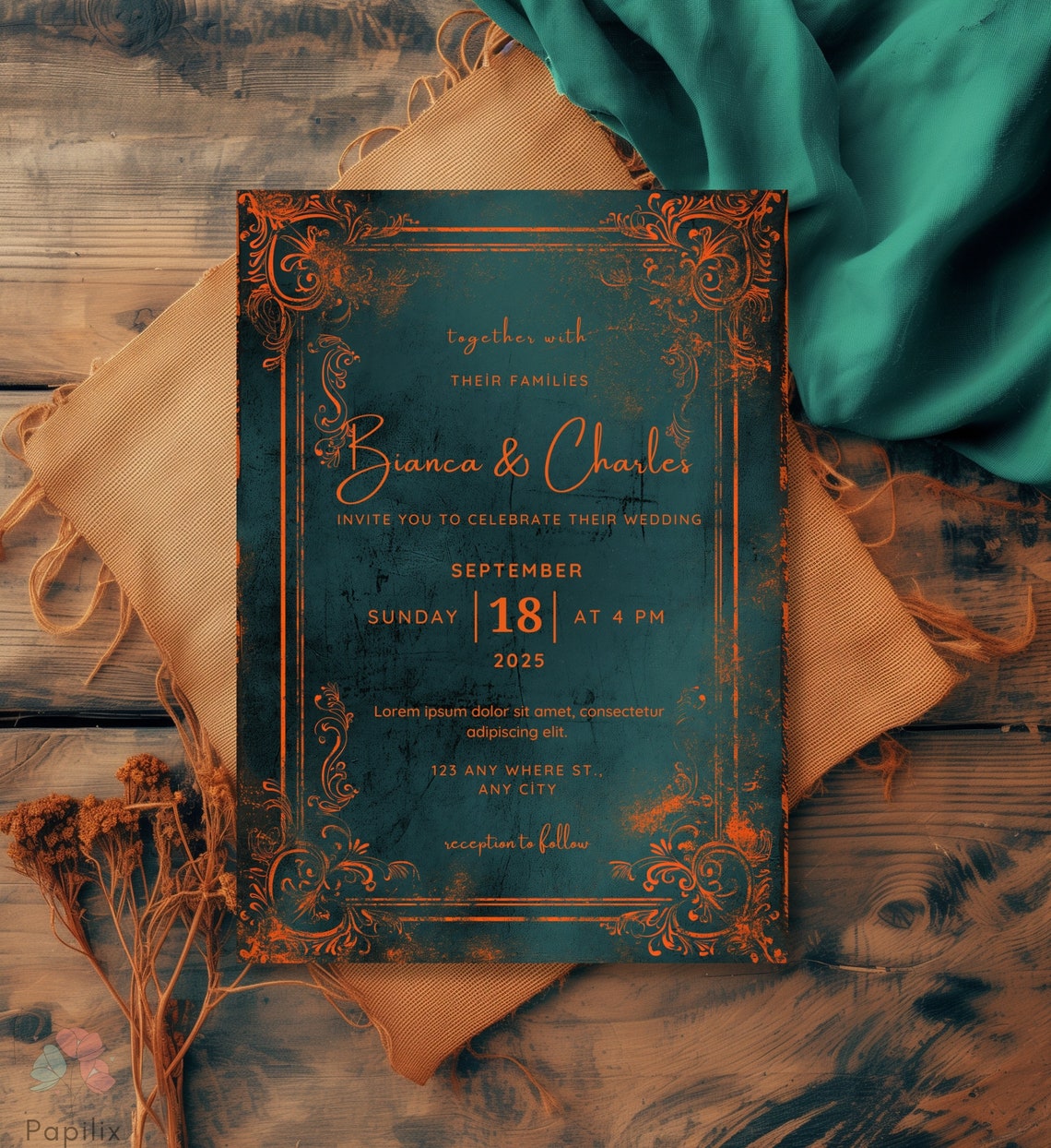 Rustic Wedding Invitation, Dark Teal and Burnt Orange Invite, Copper ...