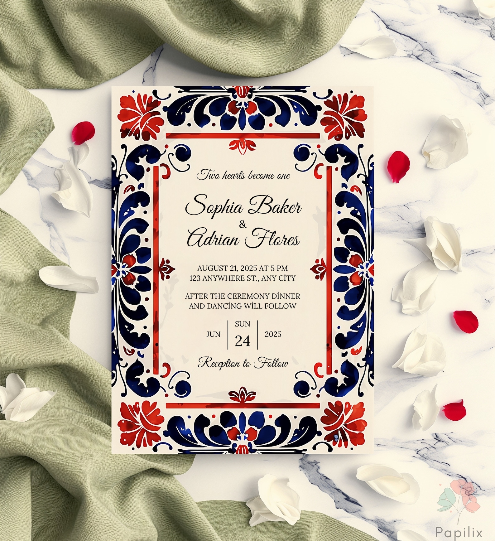 Mexican Wedding Invitation, Talavera Tile Invites, Red and Blue Floral ...