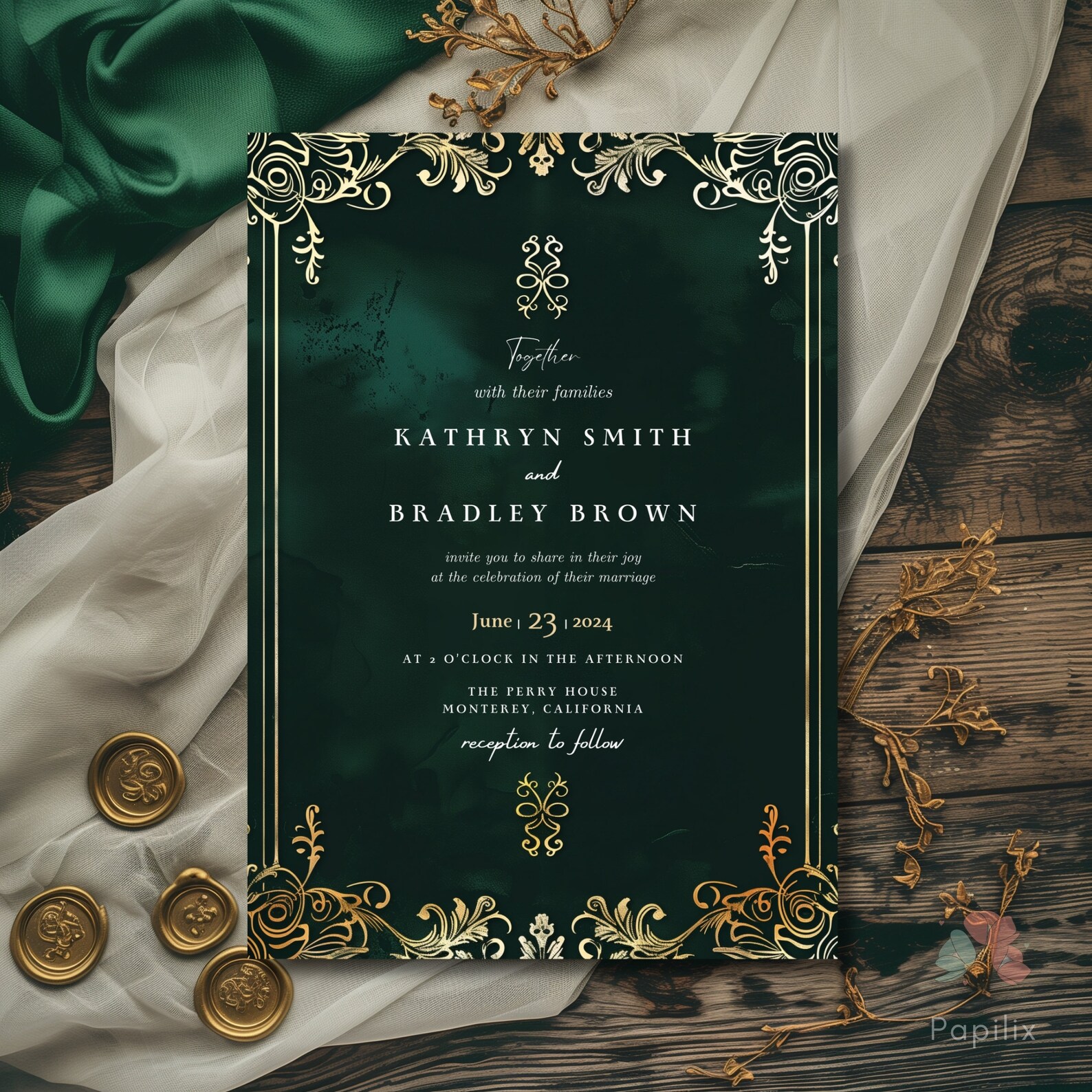 Emerald Green and Gold Wedding Invitation, Elegant Dark Green Floral ...