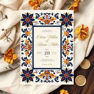 Mexican Wedding Invitation, Talavera Tile Inspired Invites, Red and ...