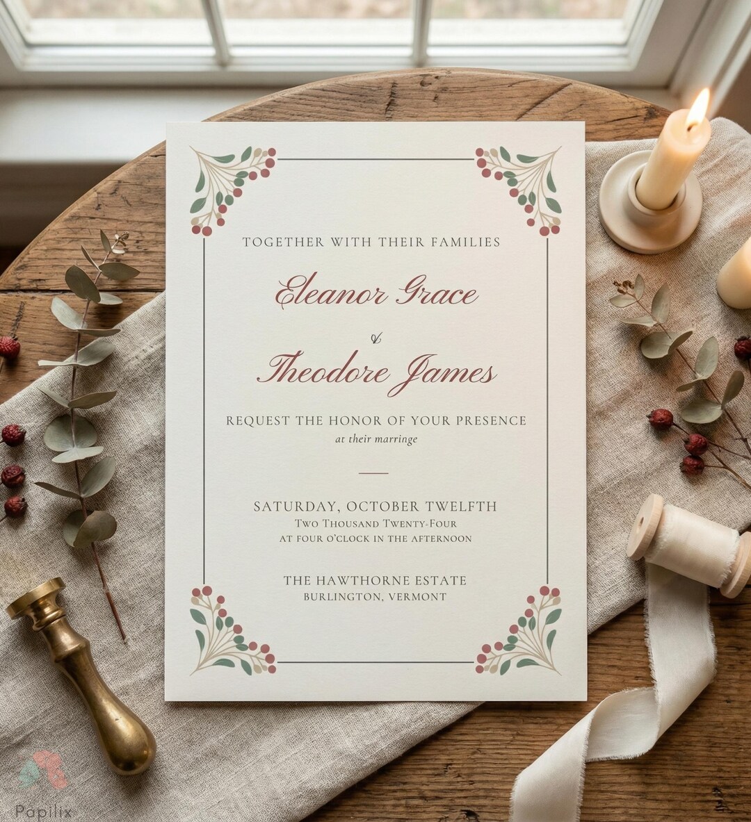 Winter Berry Wedding Invitation, Cranberry Sage Green, Festive ...
