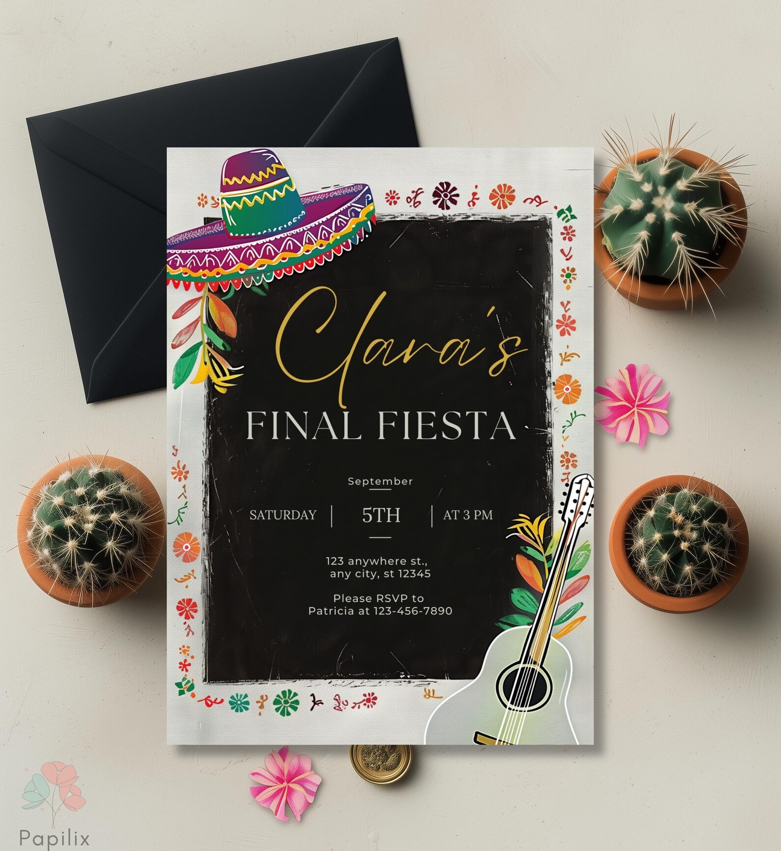 Fiesta Invitation, Mexican Party Invite, Sombrero and Guitar Invitation ...