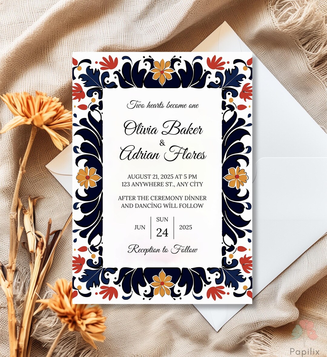 Mexican Talavera Tile Wedding Invitation, Fiesta Theme Invite, Blue ...