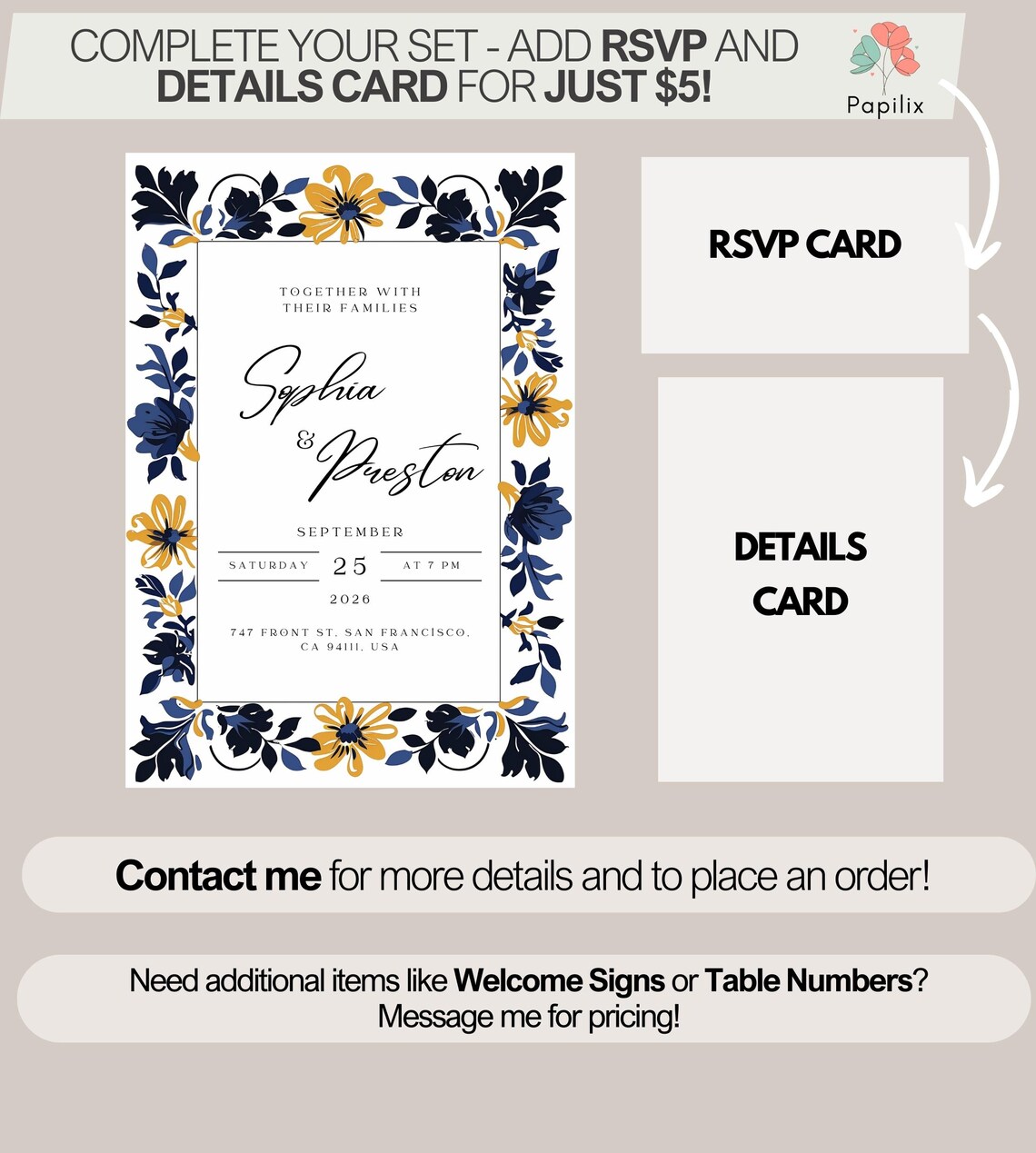 Navy and Gold Floral Wedding Invitation, Elegant Blue and Yellow Invite ...