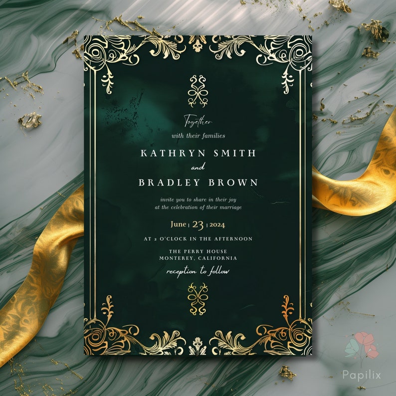 Emerald Green and Gold Wedding Invitation, Elegant Dark Green Floral ...