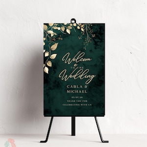 Emerald Green & Gold Wedding Welcome Sign, Gold Foil Leaves Sign, Dark ...