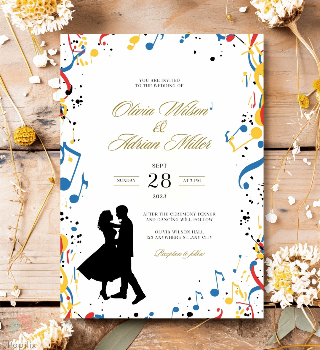 Colorful Musical Wedding Invitation, Red and Blue Notes, Dance Theme ...