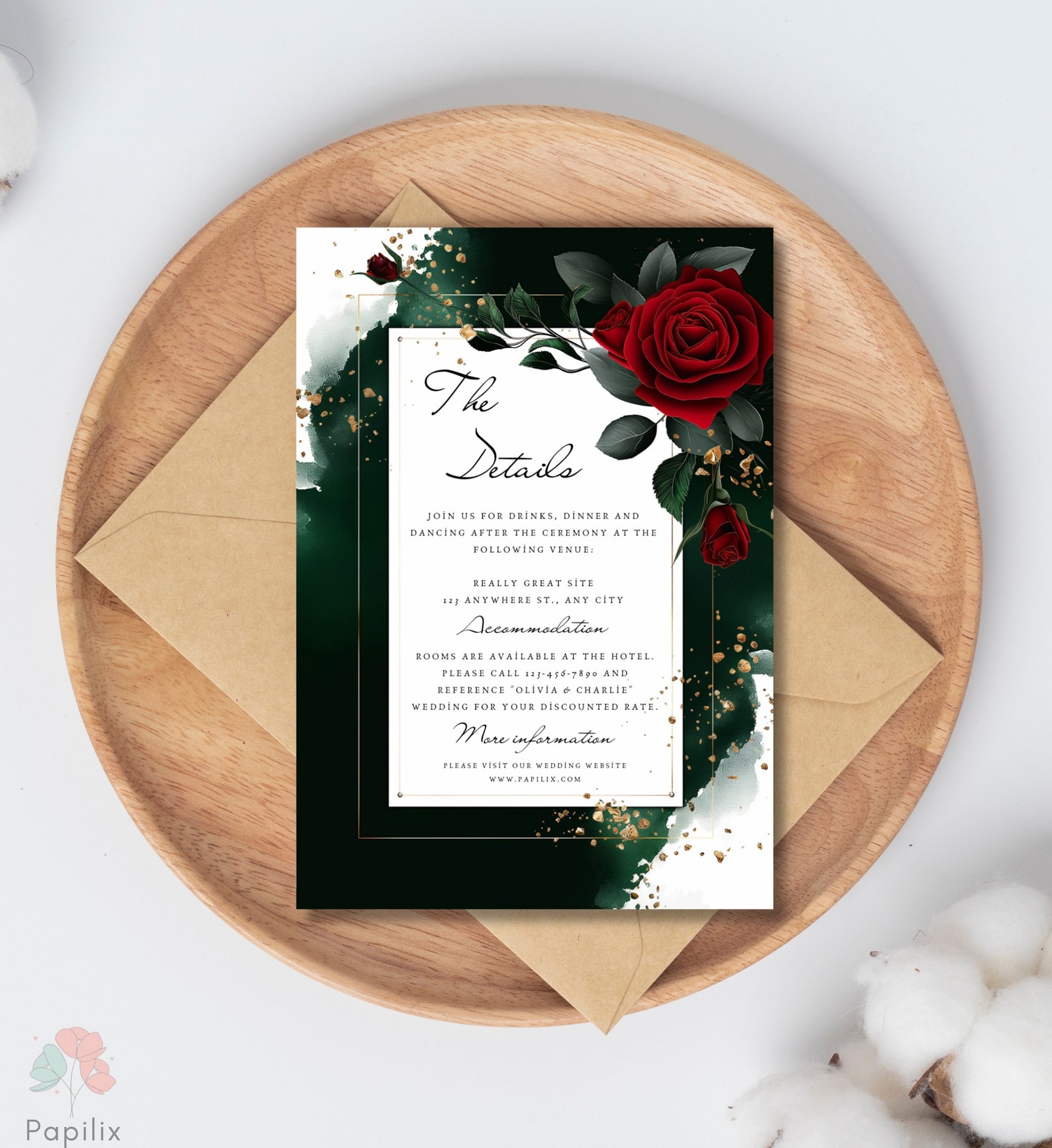 Emerald Green Wedding Invitation With Red Roses, Dark Green Floral ...