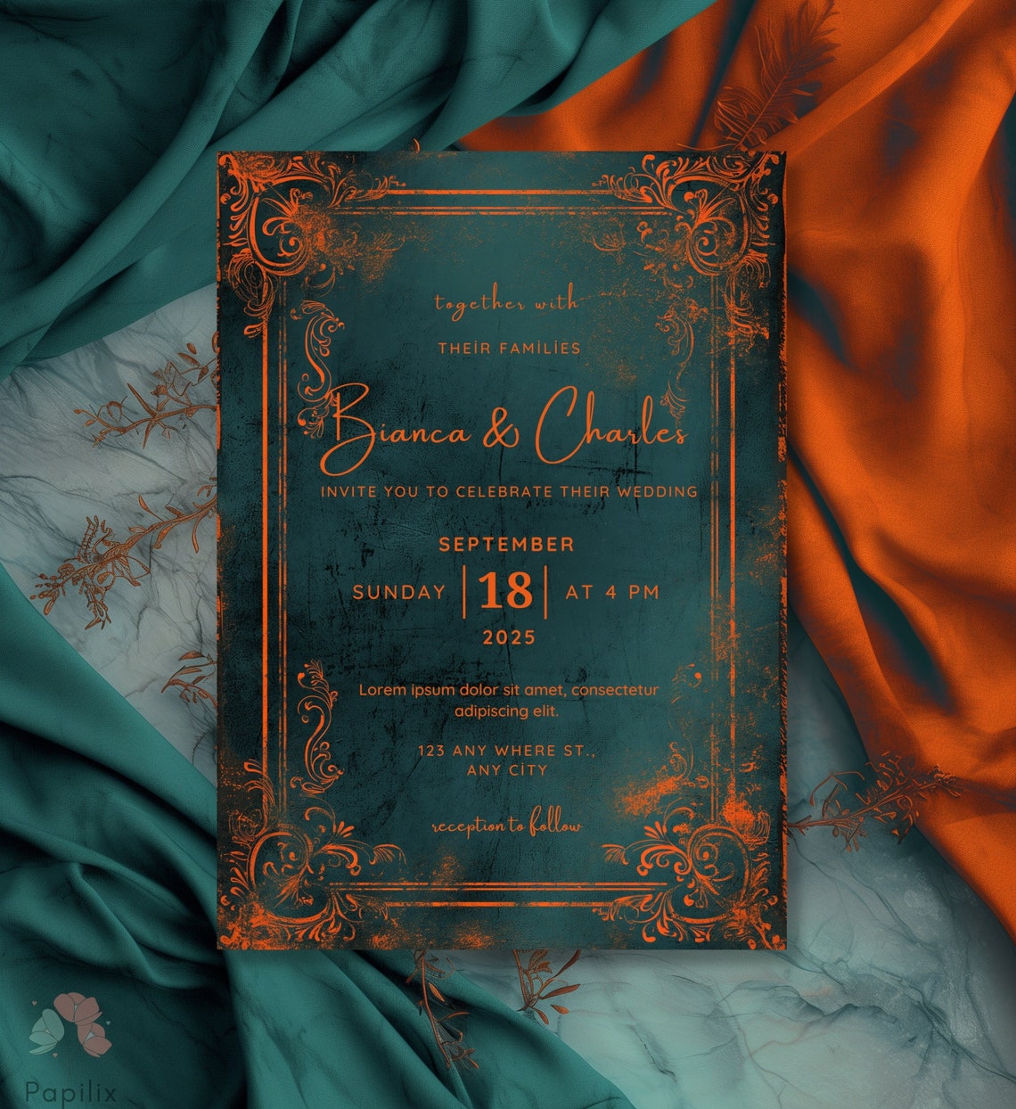 Rustic Wedding Invitation, Dark Teal and Burnt Orange Invite, Copper ...