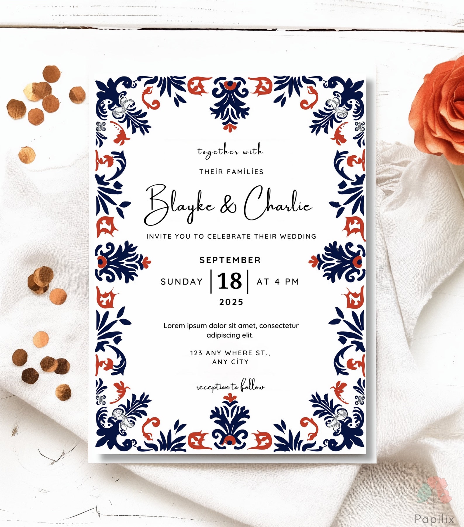 Mexican Talavera Tile Wedding Invitation, Blue and Red Folk Art Invite ...