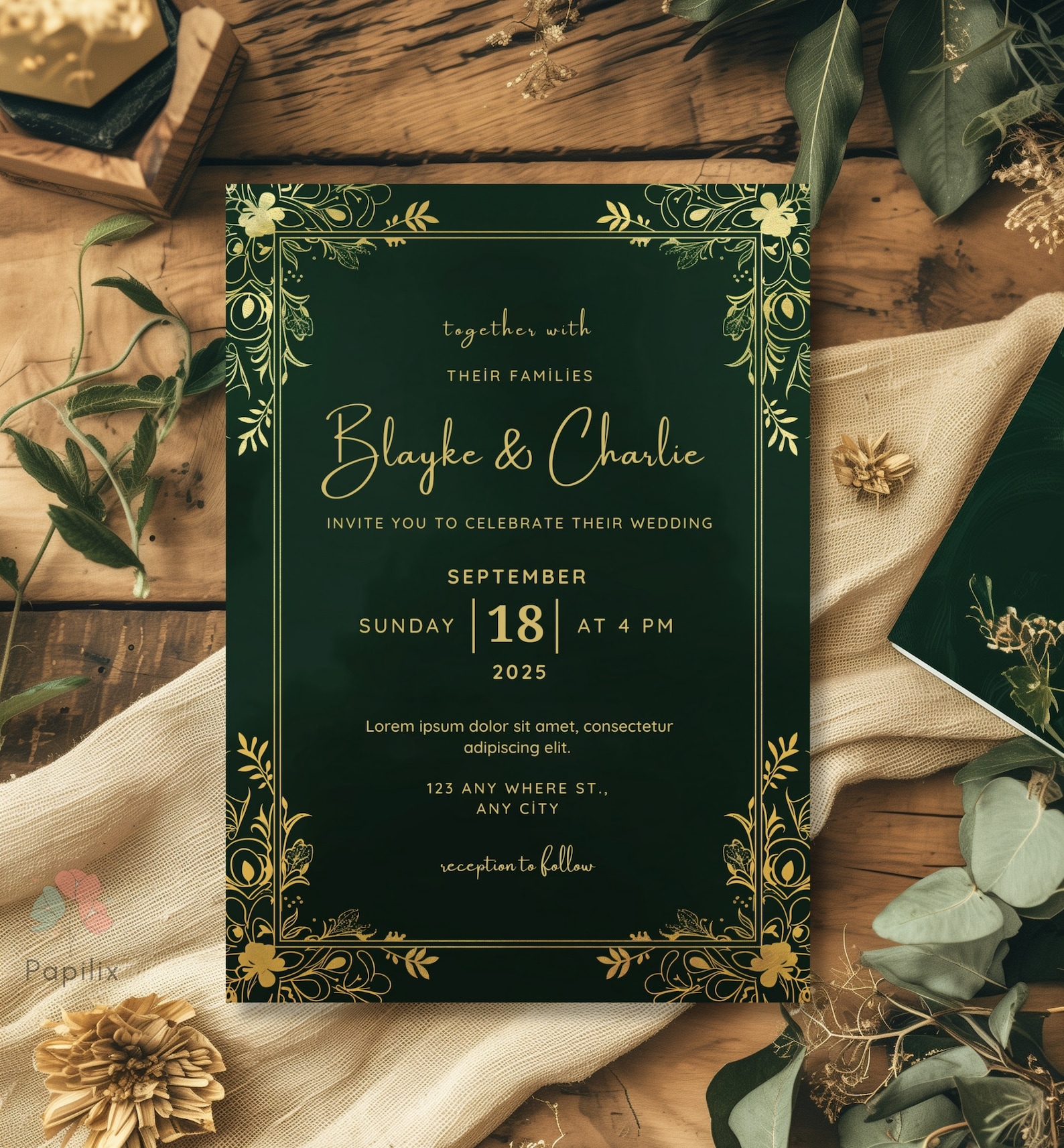 Emerald Green and Gold Wedding Invitation, Elegant Floral Invites ...