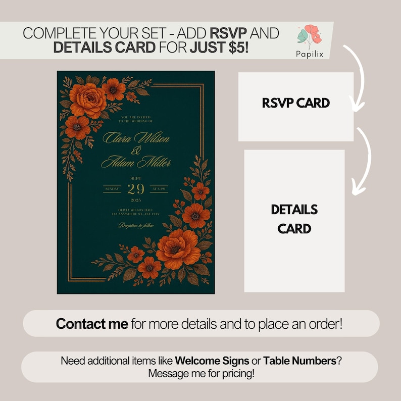 Emerald Green and Burnt Orange Wedding Invitation Template, Fall Floral ...