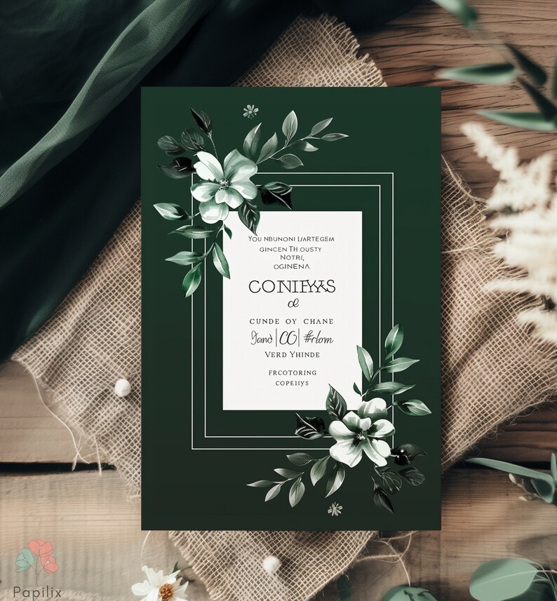 Elegant Dark Green Wedding Invitation, Minimalist Botanical Floral ...