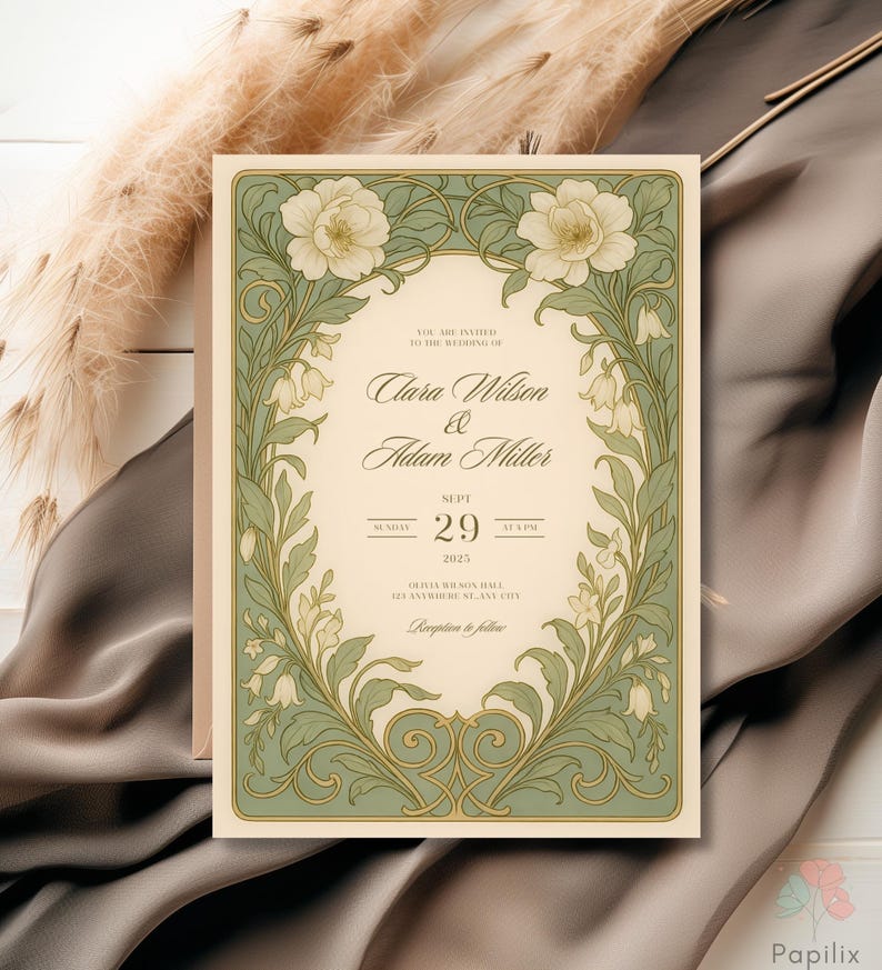Art Nouveau Wedding Invitation Template, Vintage Green and Cream Floral Invite, Elegant ...