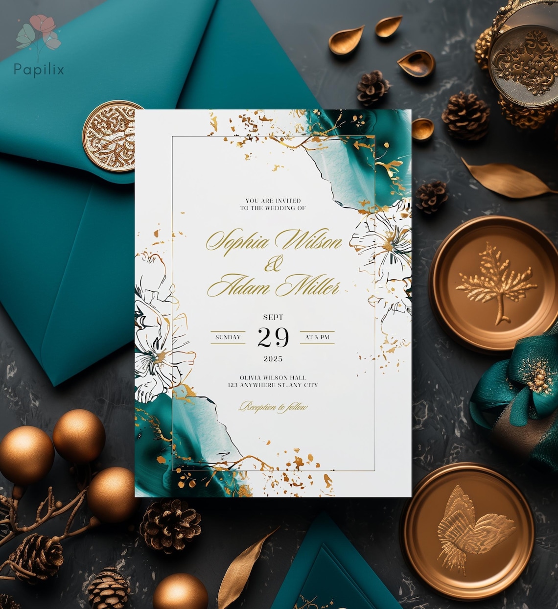 Teal and Gold Wedding Invitation, Floral Elegance Invite, Golden ...