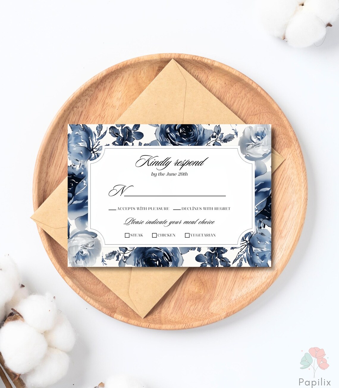 French Blue Floral Wedding Invitation Suite, Navy and White Elegant ...