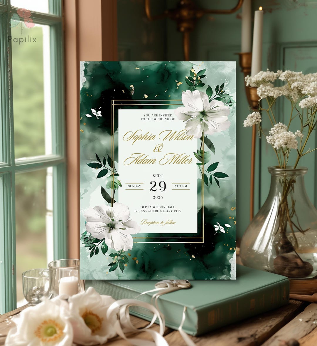 Green and Gold Floral Wedding Invitation, Elegant Greenery Invite With ...