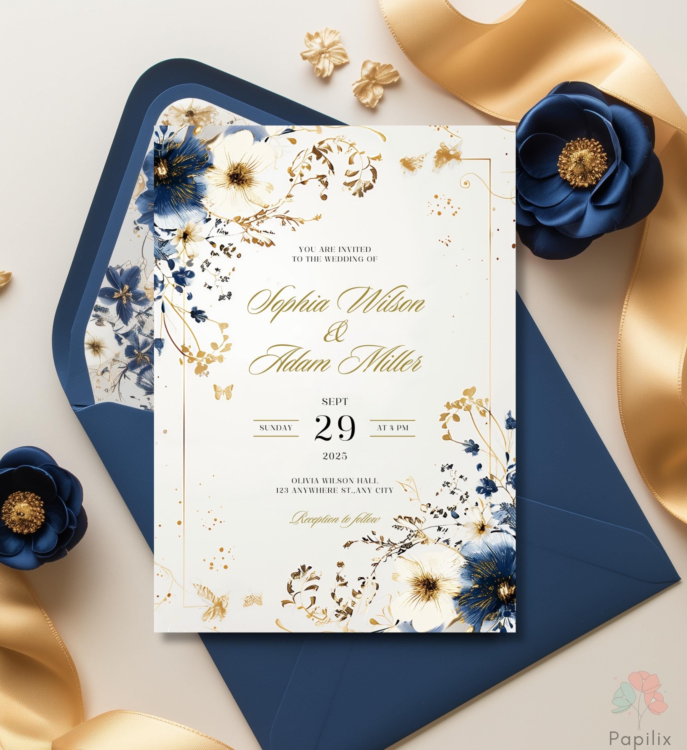 Blue and Gold Floral Wedding Invitation, Elegant Navy and White Invite ...