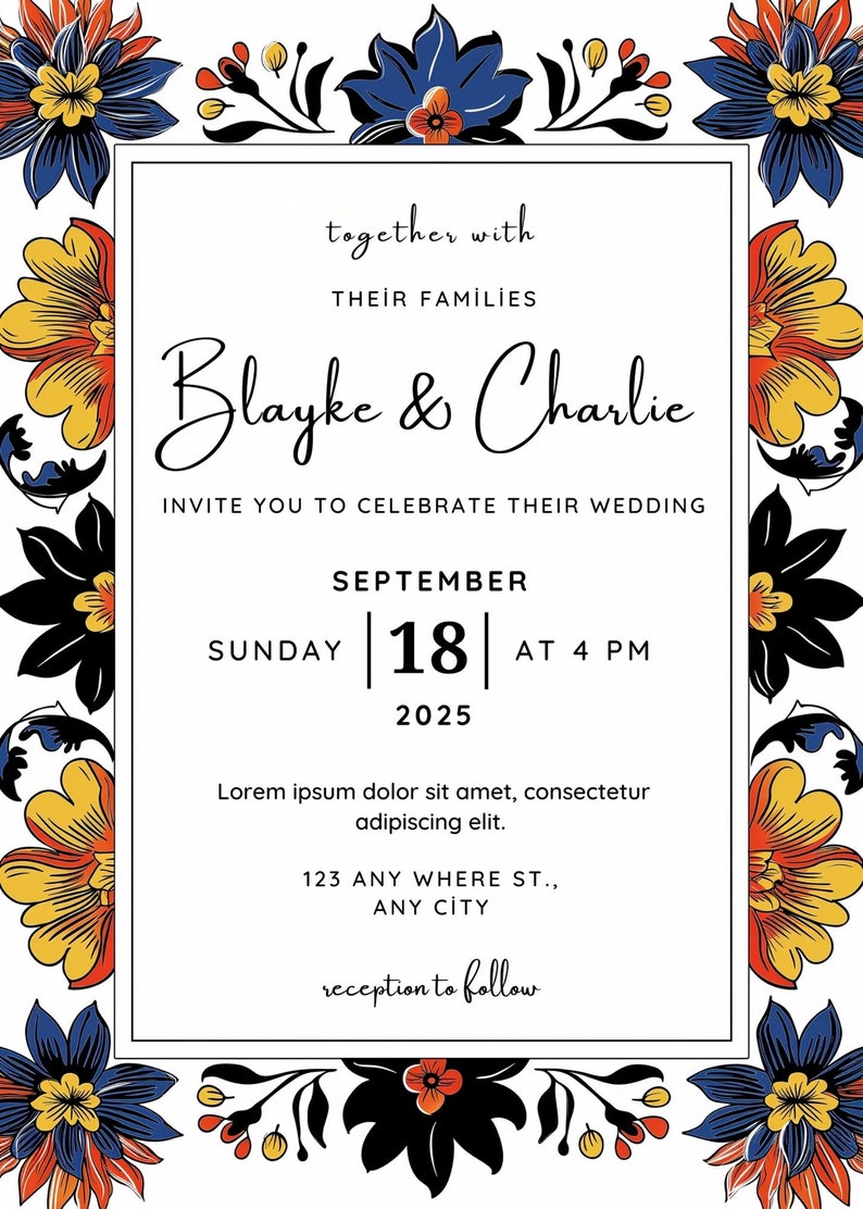 Mexican Wedding Invitation, Talavera Tile Invites, Red and Blue Floral ...