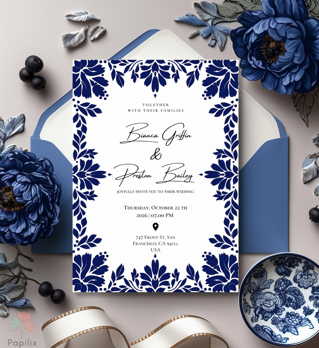 Blue Floral Wedding Invitation, Talavera Tile Inspired Invites, Navy ...