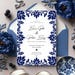 Blue Floral Wedding Invitation, Talavera Tile Inspired Invites, Navy ...